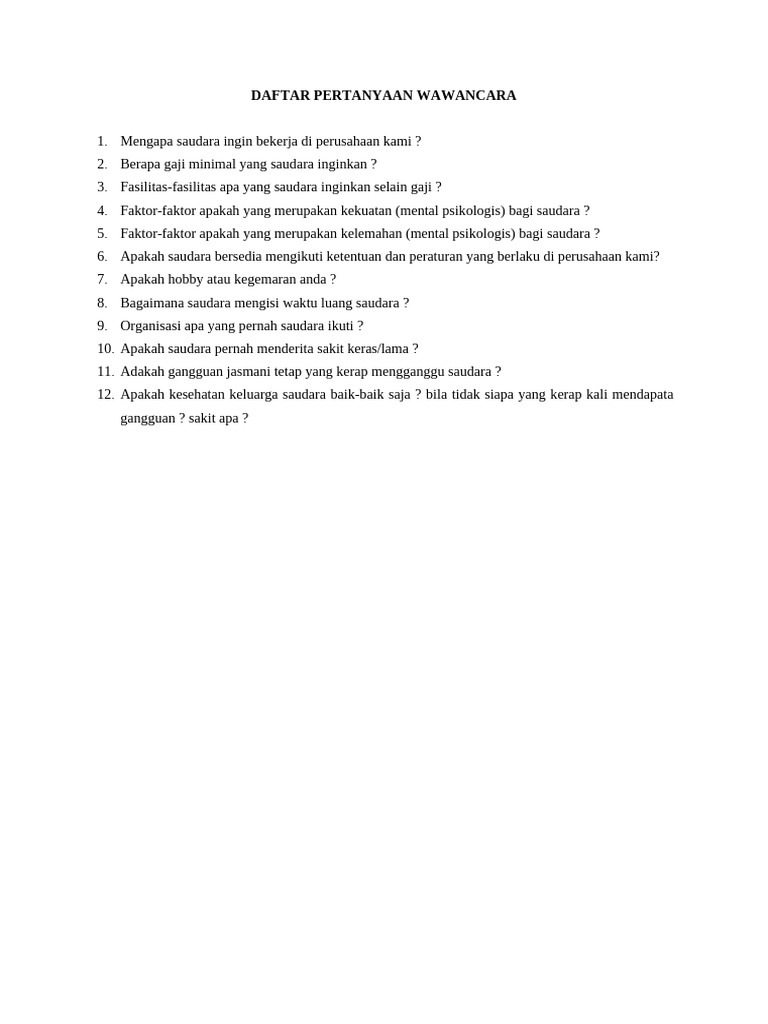 Daftar Pertanyaan Wawancara | PDF