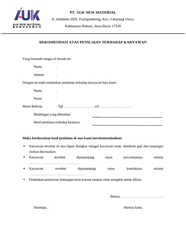Rekomendasi Penilaian Karyawan AUK | PDF