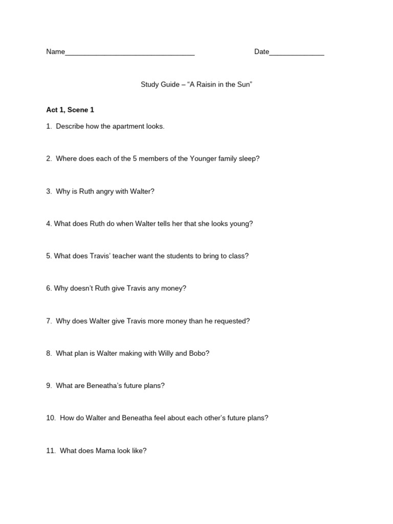Raisin in The Sun Study Guide 2015 | PDF