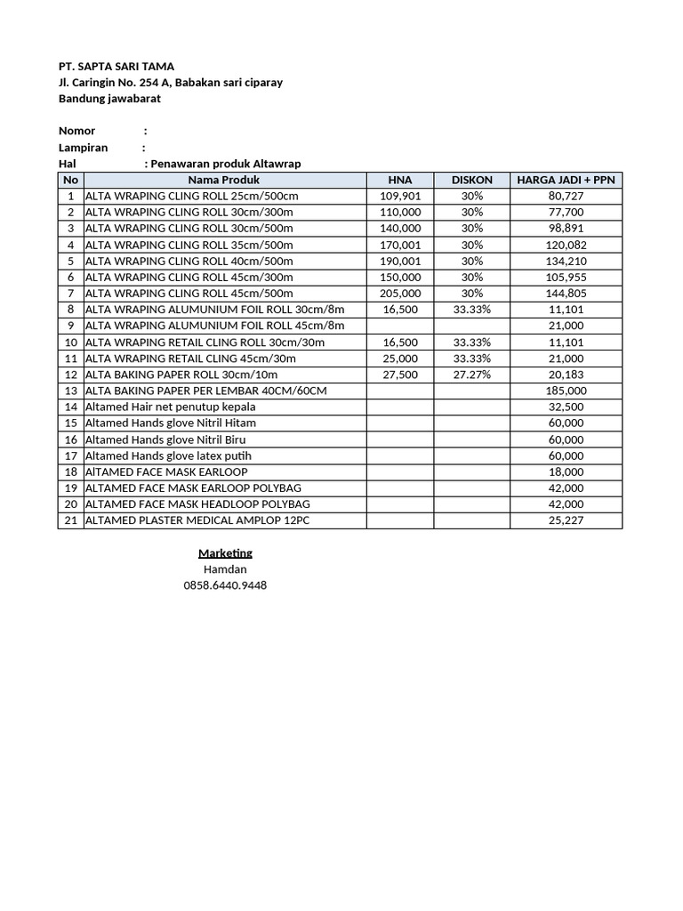 Price List Prodak Wraping Alta | PDF