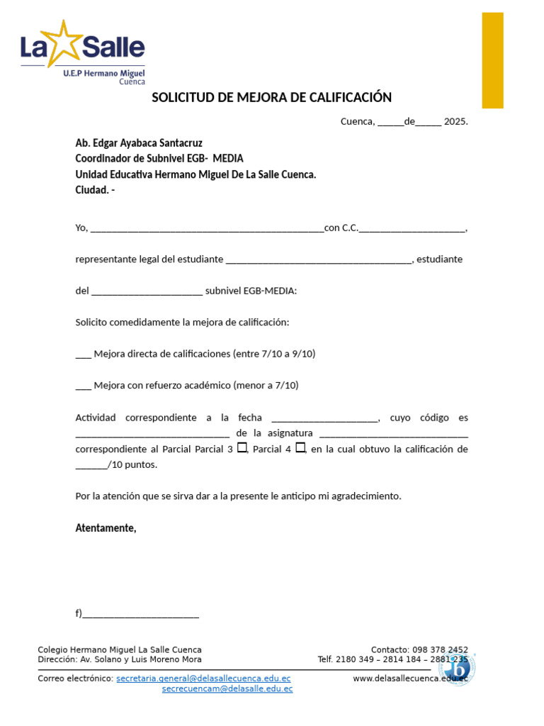 Solicitud de Mejora de Calificación EGB | PDF