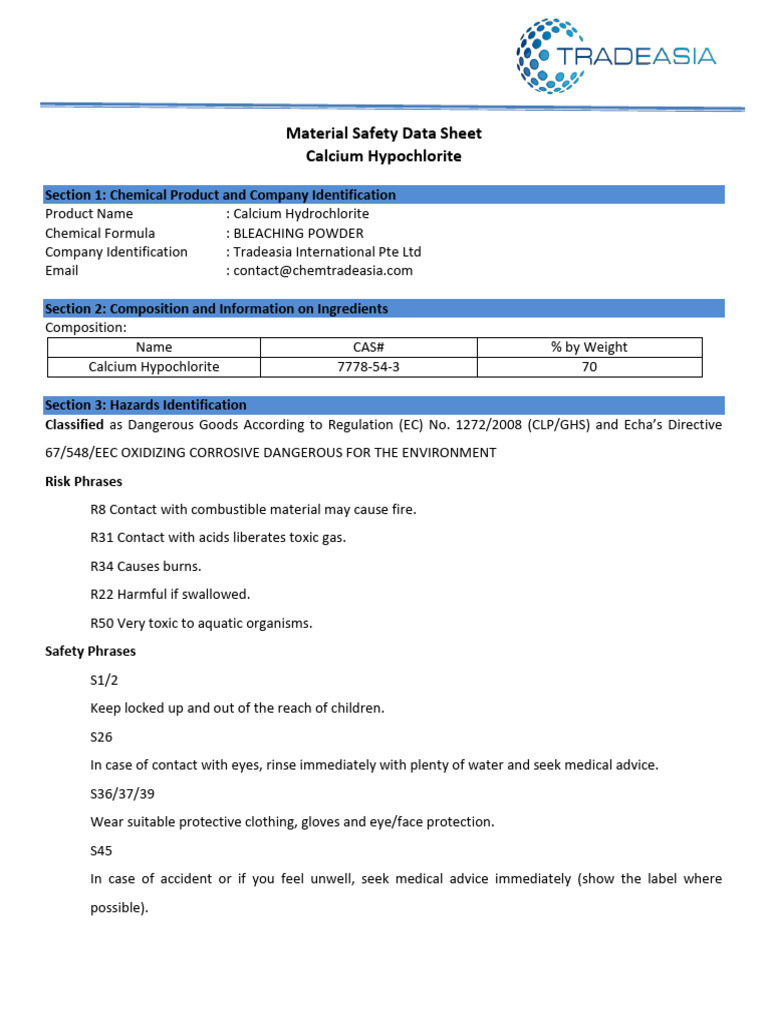 Calcium Hypochlorite MSDS Guide | PDF | Chlorine | Combustion