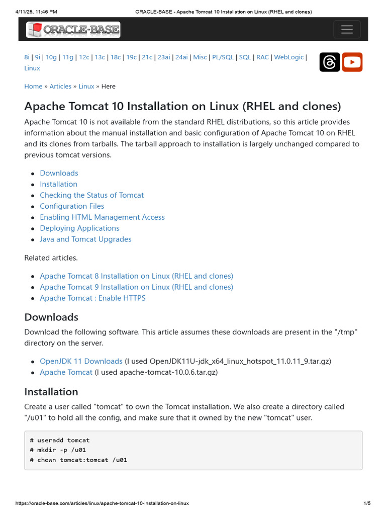 Oracle Base Apache Tomcat 10 Installation On Linux Rhel And Clones Pdf Java Programming