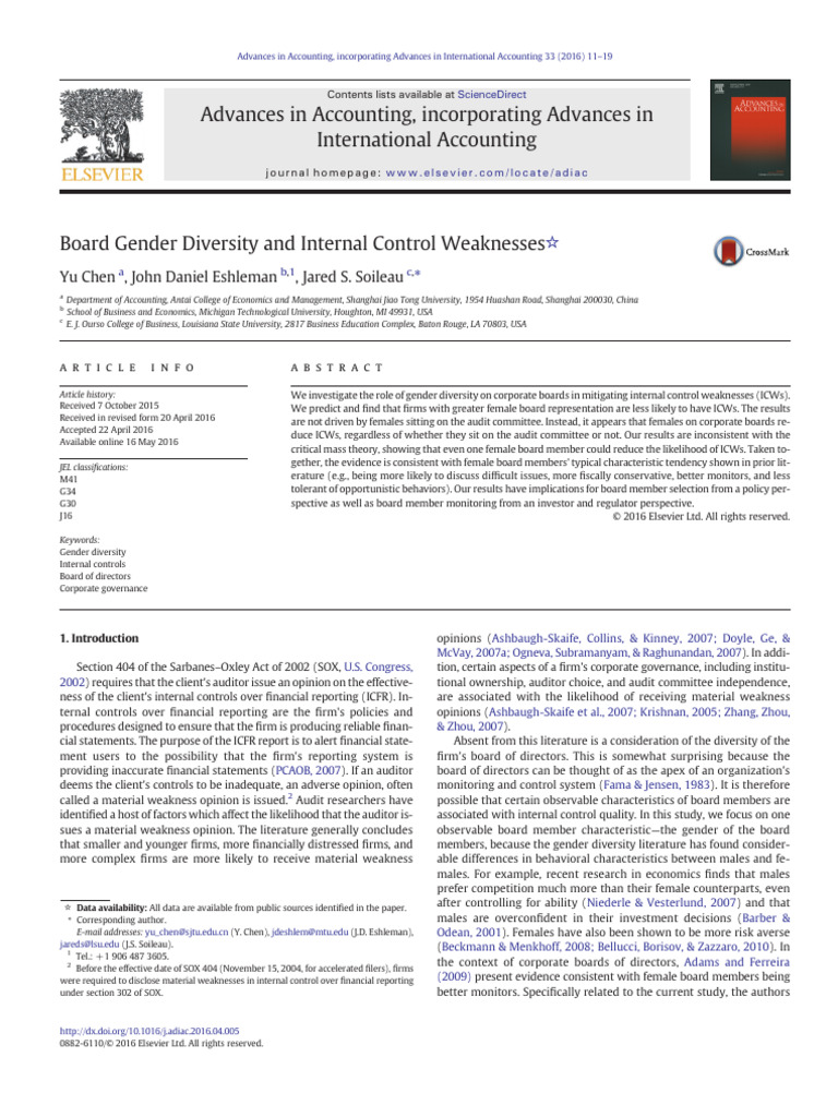 Board Gender Diversity and Internal Control Weaknesses | PDF | Sarbanes ...