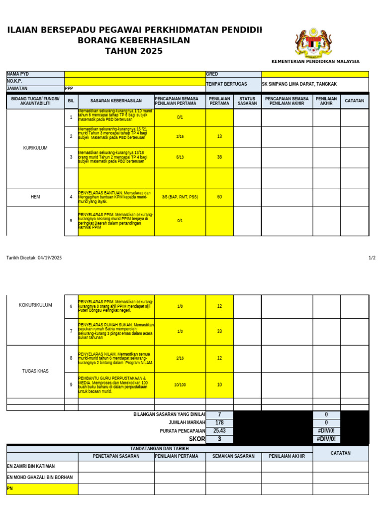 Contoh Borang Keberhasilan 2025 | PDF