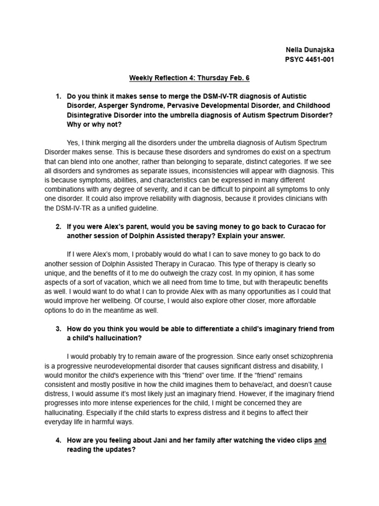 PSYC 4451-001 Weekly Reflection 4 | PDF | Autism | Pervasive Developmental Disorders