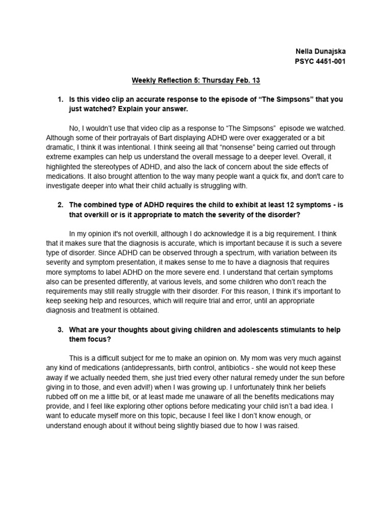 PSYC 4451-001 Weekly Reflection 5 | PDF | Attention Deficit Hyperactivity Disorder | Mental Disorder