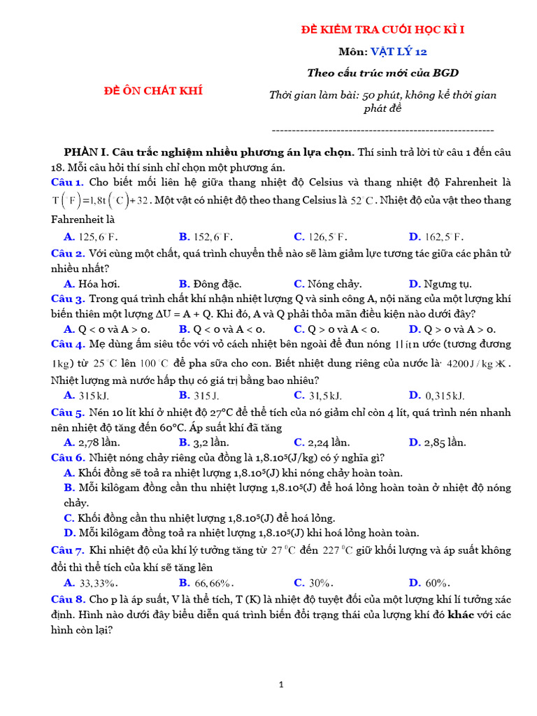 Đề ôn Chất Khí - Cuối kì 1 - VL12 | PDF