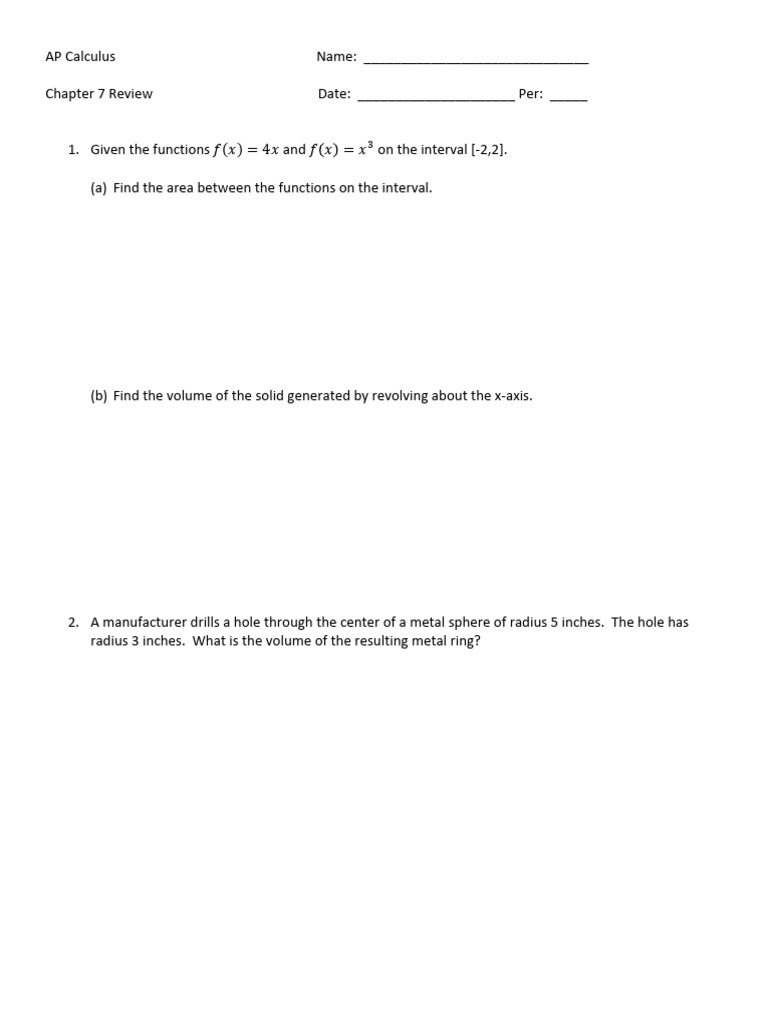 AP Calculus Chapter 7 Review Questions | PDF