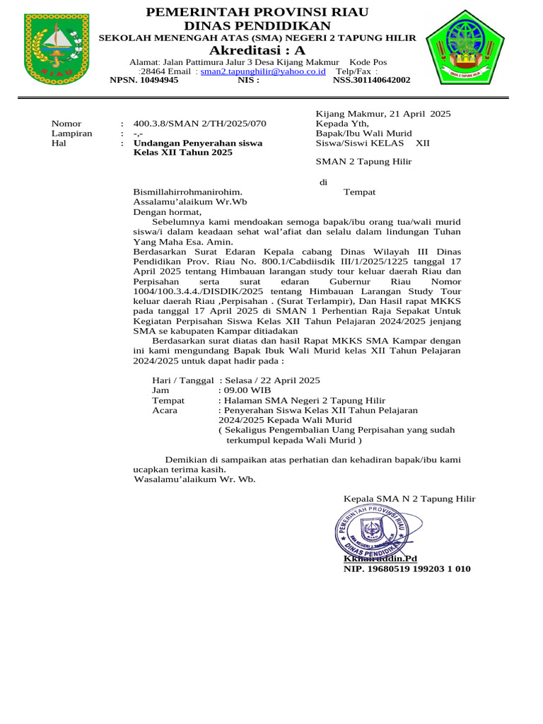 Undangan Penyerahan Siswa Kelas Xii 2025 | PDF