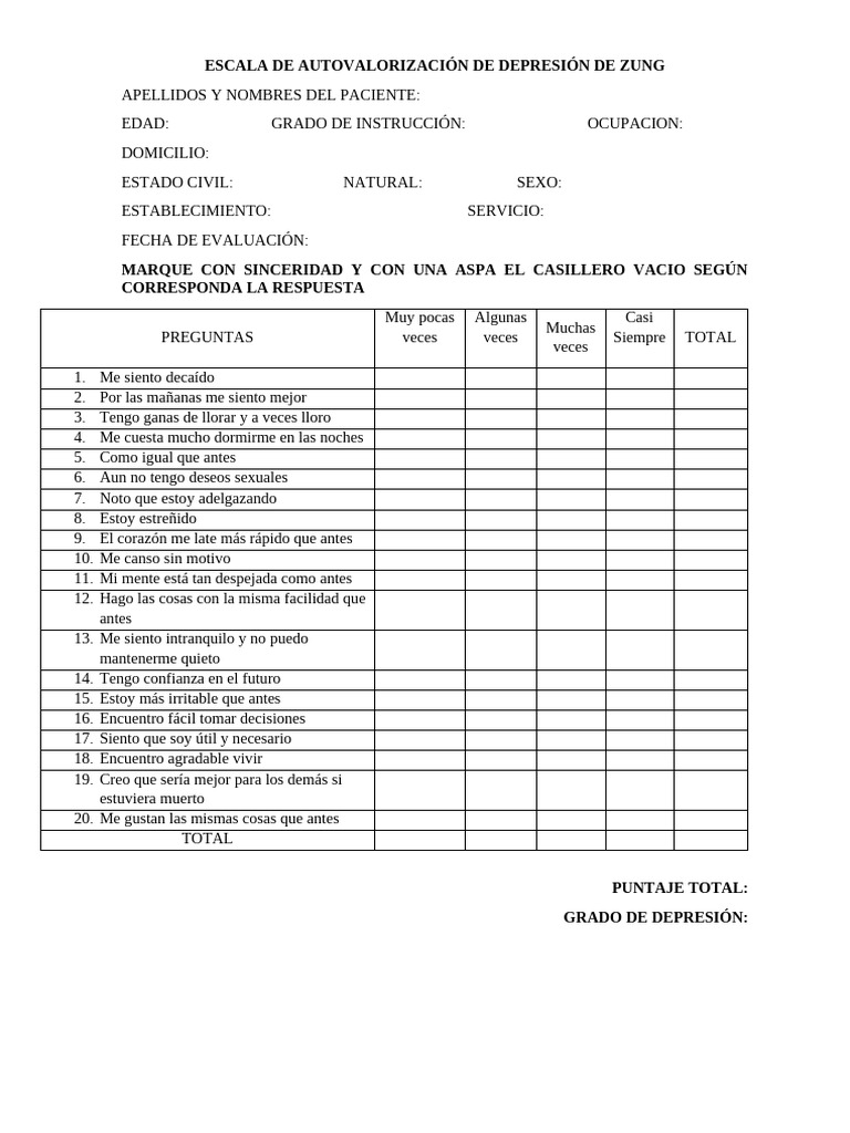 Escala de Depresión de Zung: Autovalorización | PDF