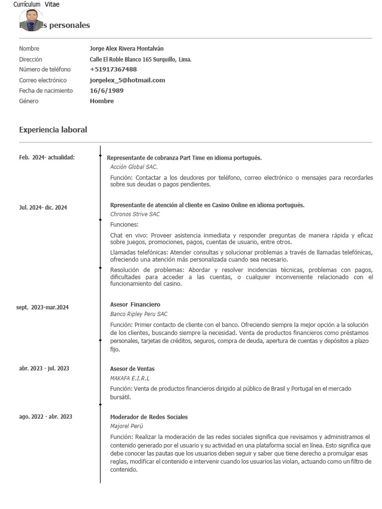 CV Jorge Rivera - Último | PDF | Bancos | Servicio al Cliente