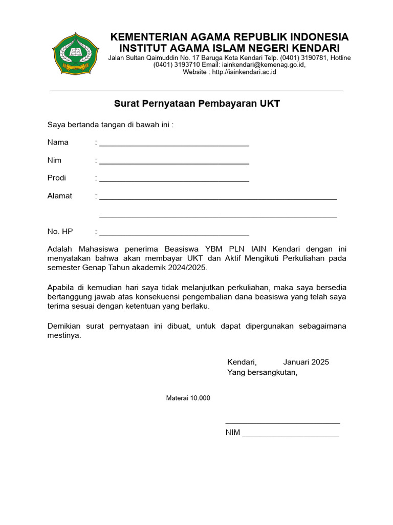 2025 - Surat Pernyataan Beasiswa YBM PLN | PDF