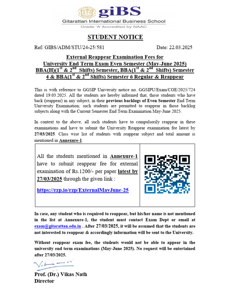 581-Submission of Reappear Fee (E.T.exam May June 2025 Even Sem) BBA BOTH SHIFTS | PDF