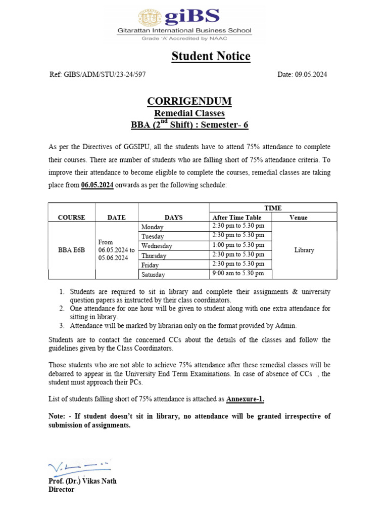 597 Remedial Classes Notice BBA - E6B | PDF