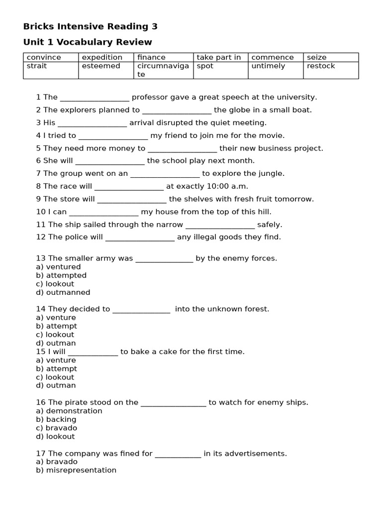 Bricks Intensive Reading 3 Unit 1 TEST | PDF