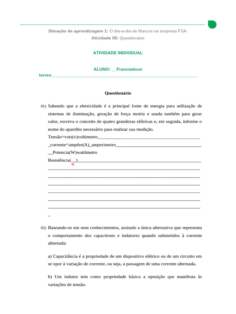Folha de Resposta - Atividade 05 | PDF | Rede elétrica | Eletricidade