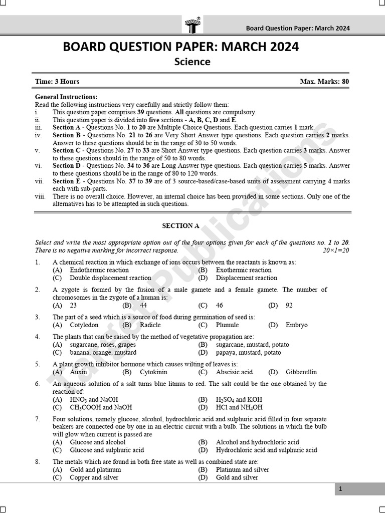 10 CBSE Science - Board Question Paper of Local Tutorial | PDF | Kidney ...