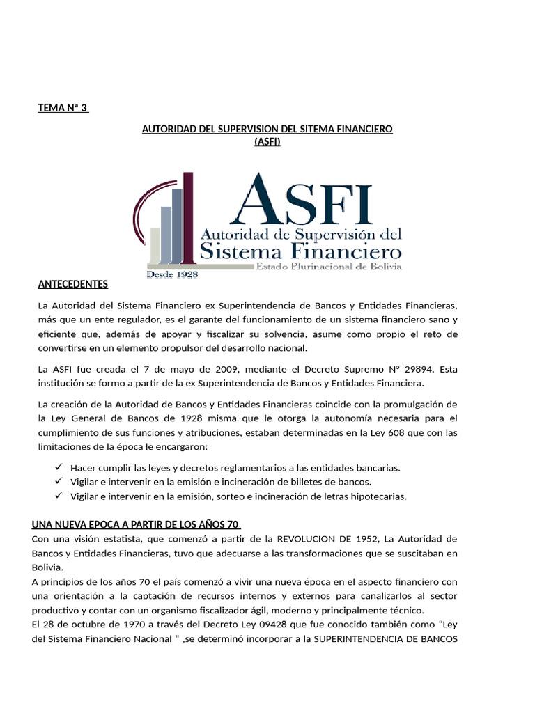 TEMA Nº 3 ASFI | PDF | Sistema financiero | Bancos