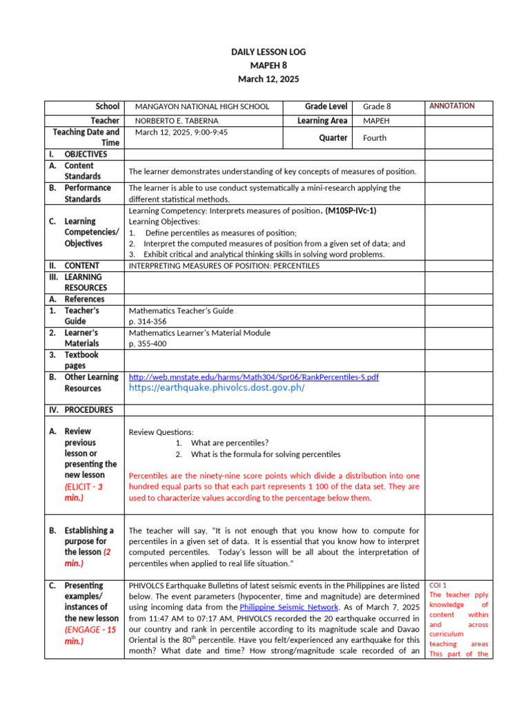 MAPEH 8 Q4 Lesson Plan For CO Final With Annotation 4 | PDF | Moment ...