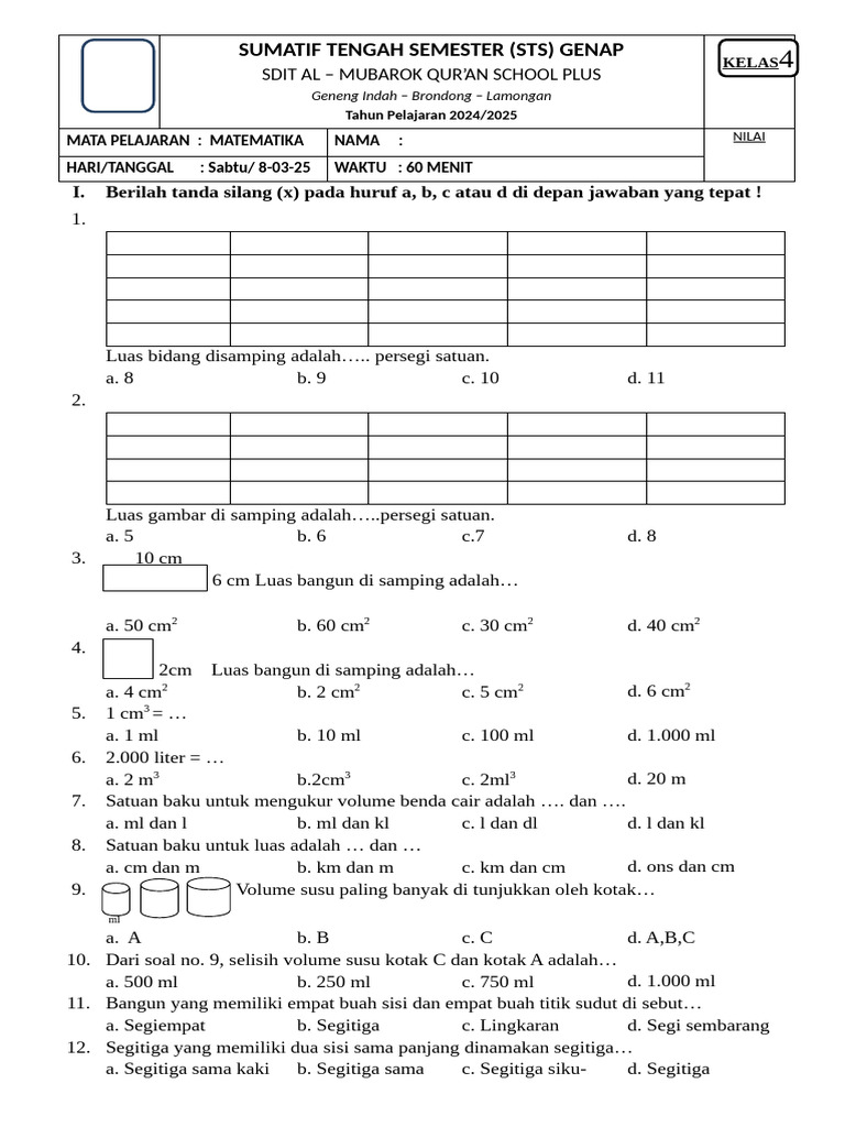 SOAL PTS MTK KELAS 4 | PDF
