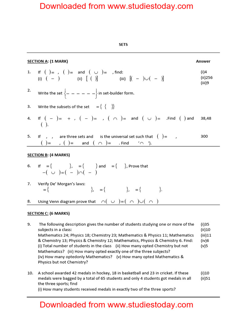 CBSE Class 11 Mathematics Worksheet Set Theory 2 | PDF | Physics ...