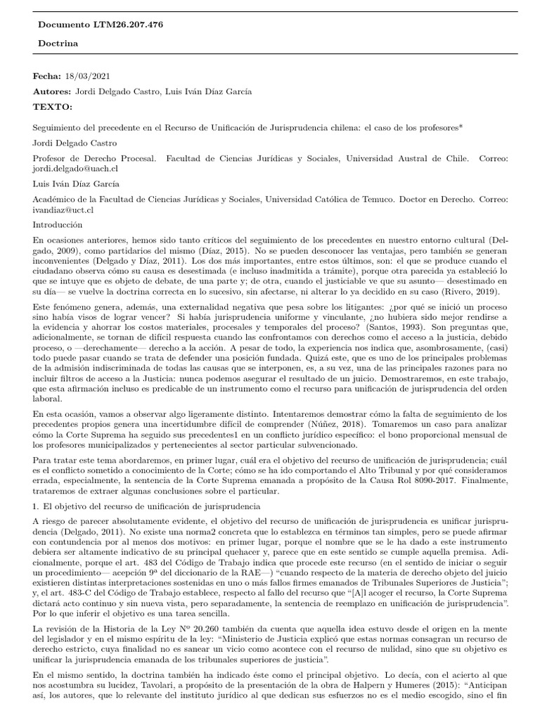 Seguimiento Del Precedente en El Recurso de Unificación de ...