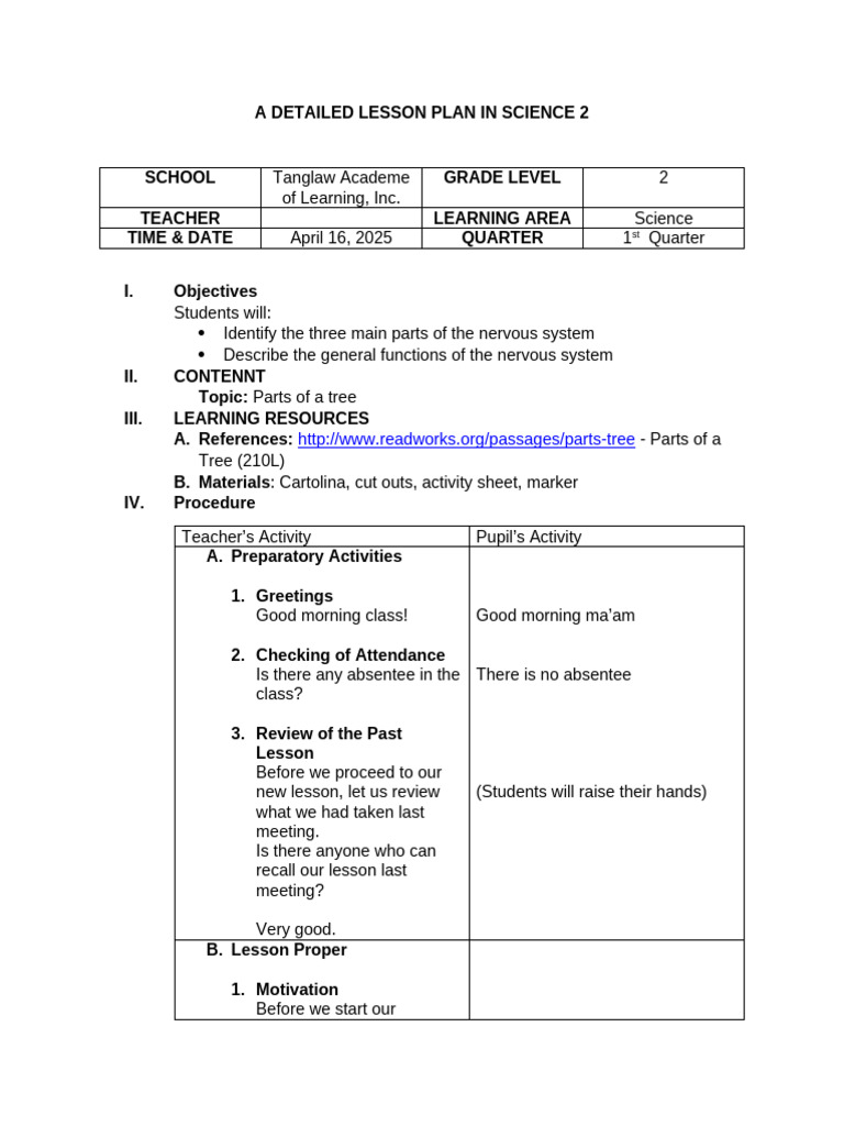 A Detailed Lesson Plan in Science 2 | PDF | Trees | Leaf
