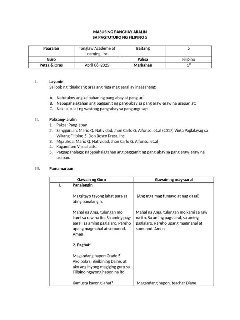 Lesson Plan FILIPINO 5 | PDF