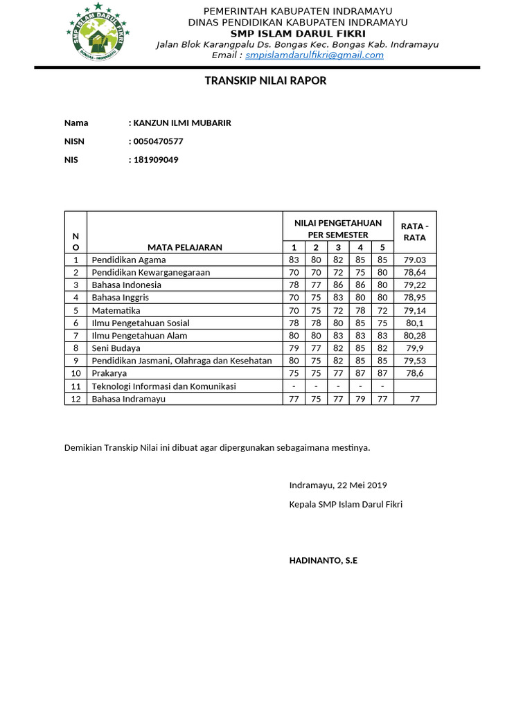 Transkip Nilai SMP Kanzun | PDF