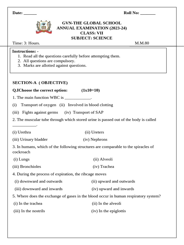 Class VII Science Annual Exam 2023-24 | PDF | Pollination | Breathing