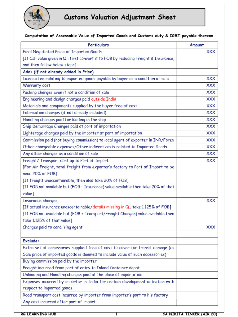 Customs Valuation Adjustment Sheet | PDF | Economies | Trade
