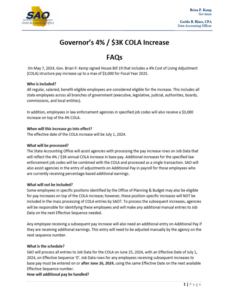Georgia Governor's 4% COLA Increase FAQs | PDF | Cost Of Living | Economies