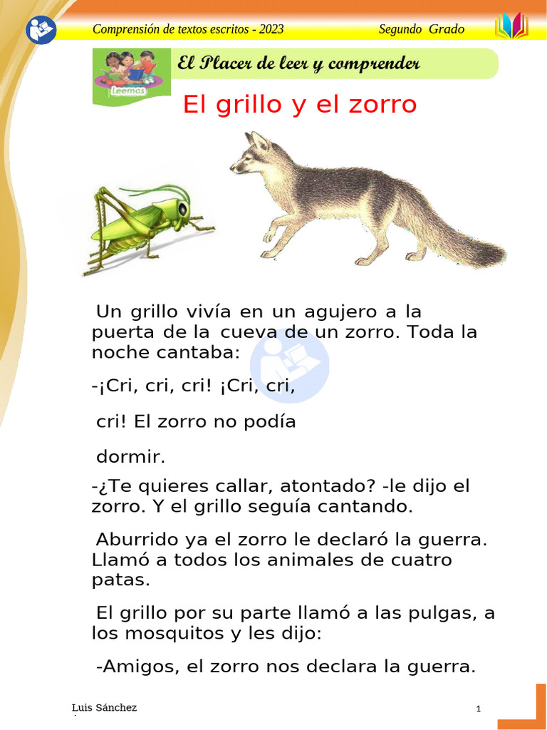 El grillo y el zorro: Comprensión lectora | PDF