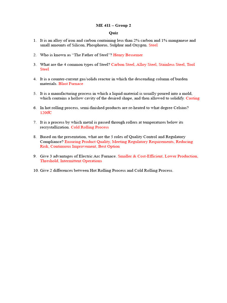 ME 411 Group 2 Quiz | PDF