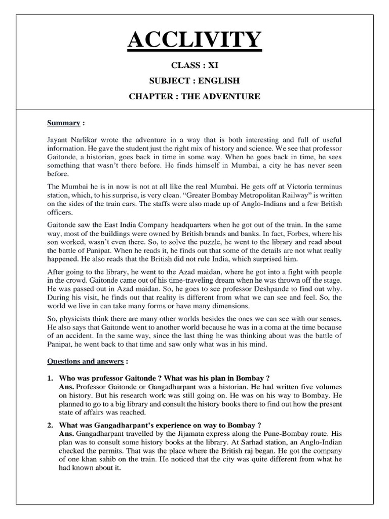 The Adventure - Class 11 - English | PDF