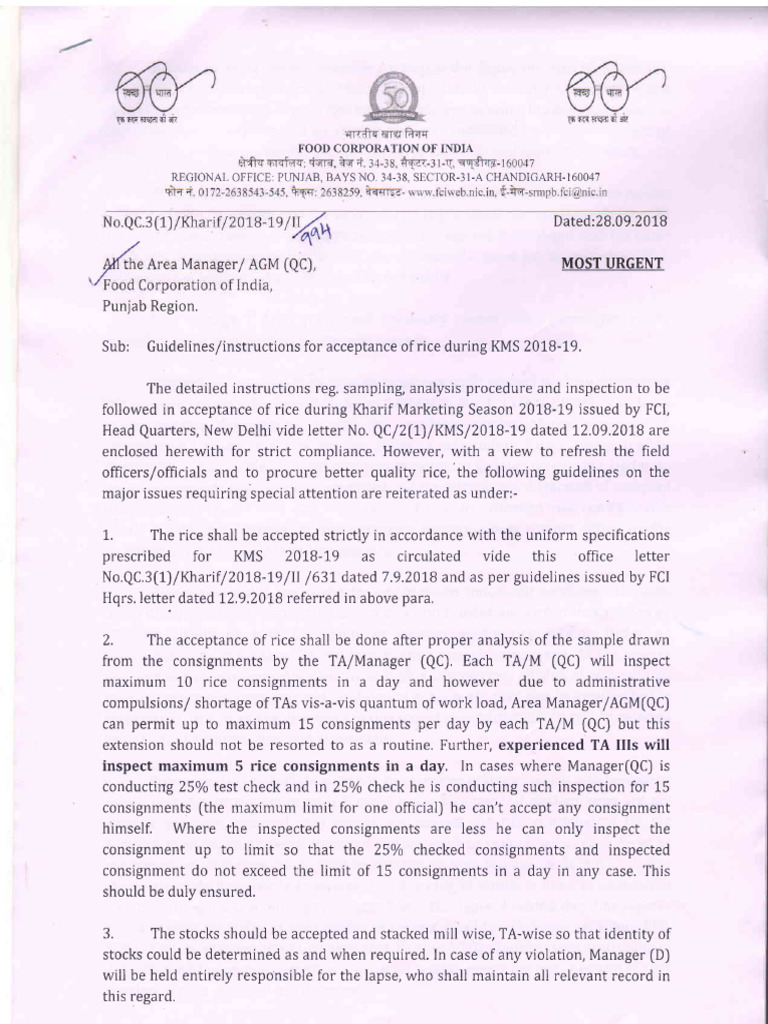 Guidelines for Rice Acceptance 2018-19 | PDF