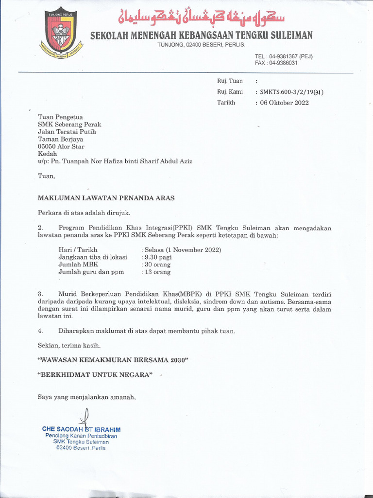 Surat Lawatan Penanda Aras PDF Seberang Perak 2022 | PDF