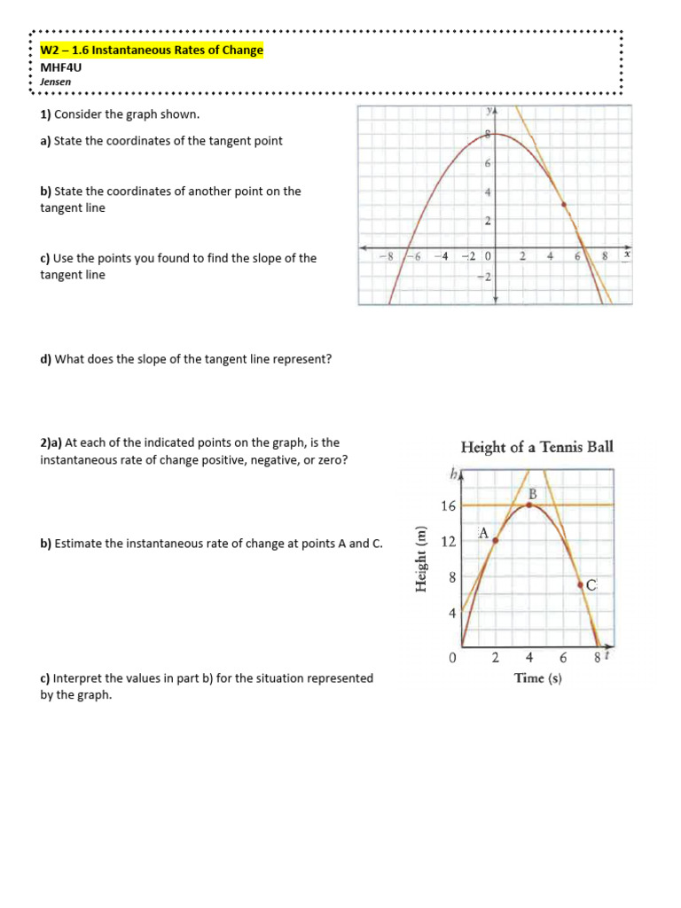 W2 - 1.6 Instantaneous Rates of Change Mhf4U 1) A) : Jensen | PDF ...