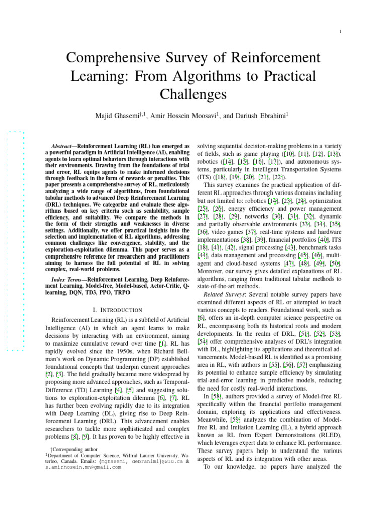 Comprehensive Survey of Reinforcement Learning From Algorithms To Practical Challenges | PDF ...
