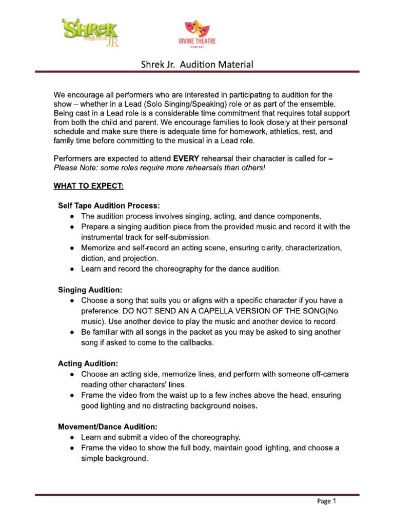 Shrek Audition Packet 2025 | PDF