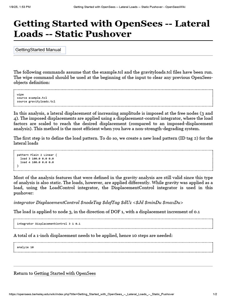 Getting Started with OpenSees -- Lateral Loads -- Static Pushover - OpenSeesWiki | PDF
