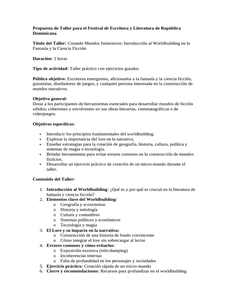 Propuesta de Taller 1 para El Festival de Escritura y Literatura de ...