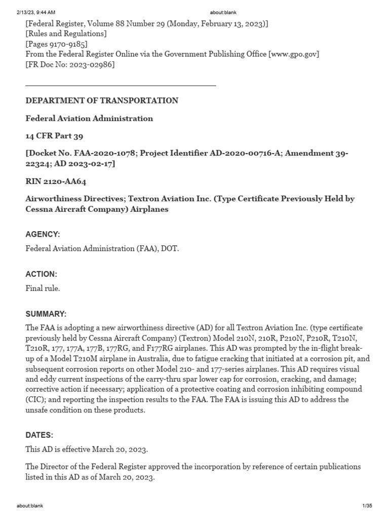 CO_FAA_AD_177-and-210-Wing-Spar | PDF | Federal Aviation Administration ...