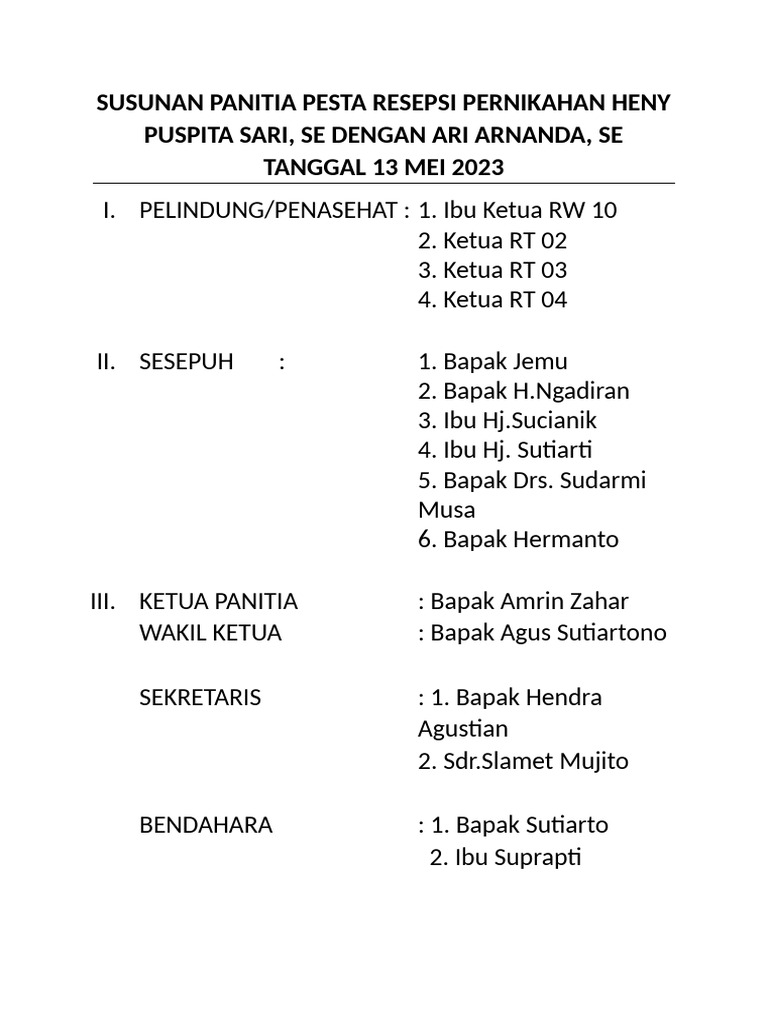 SUSUNAN PANITIA PESTA RESEPSI PERNIKAHAN | PDF