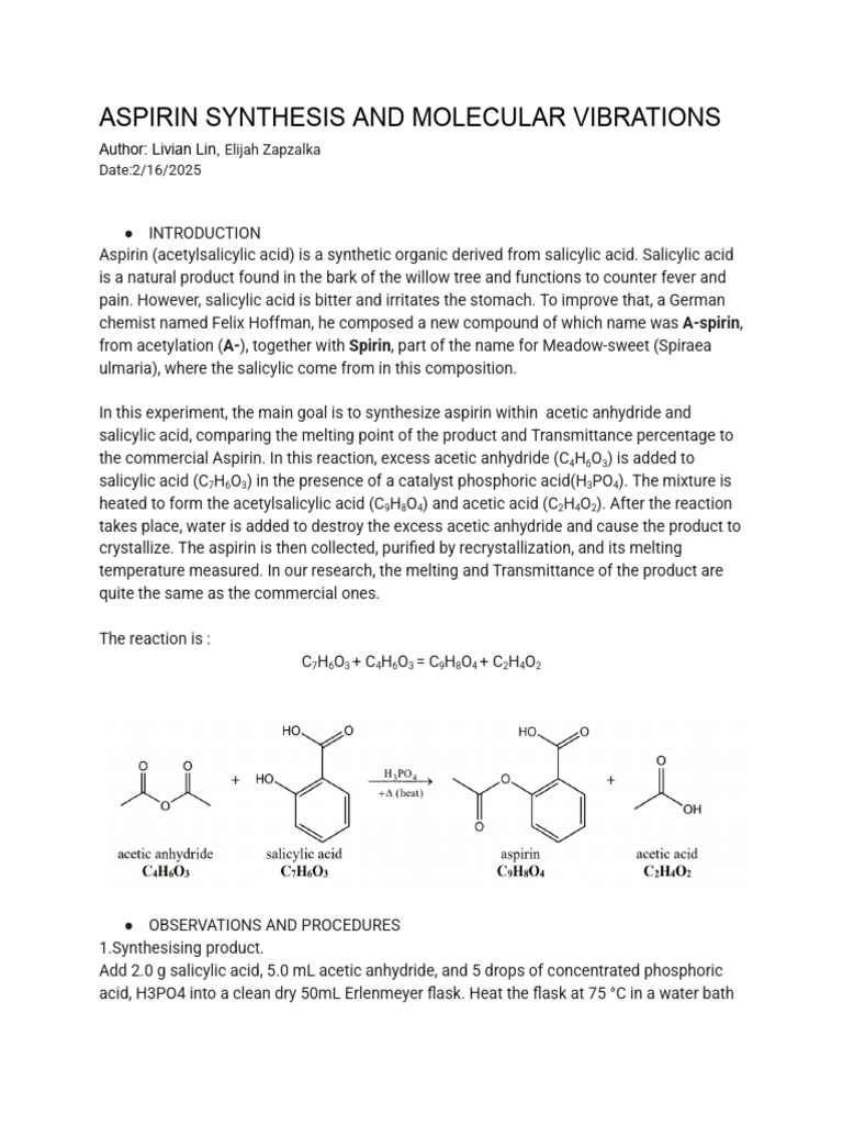Lab Report Aspirin | PDF | Aspirin | Acetic Acid