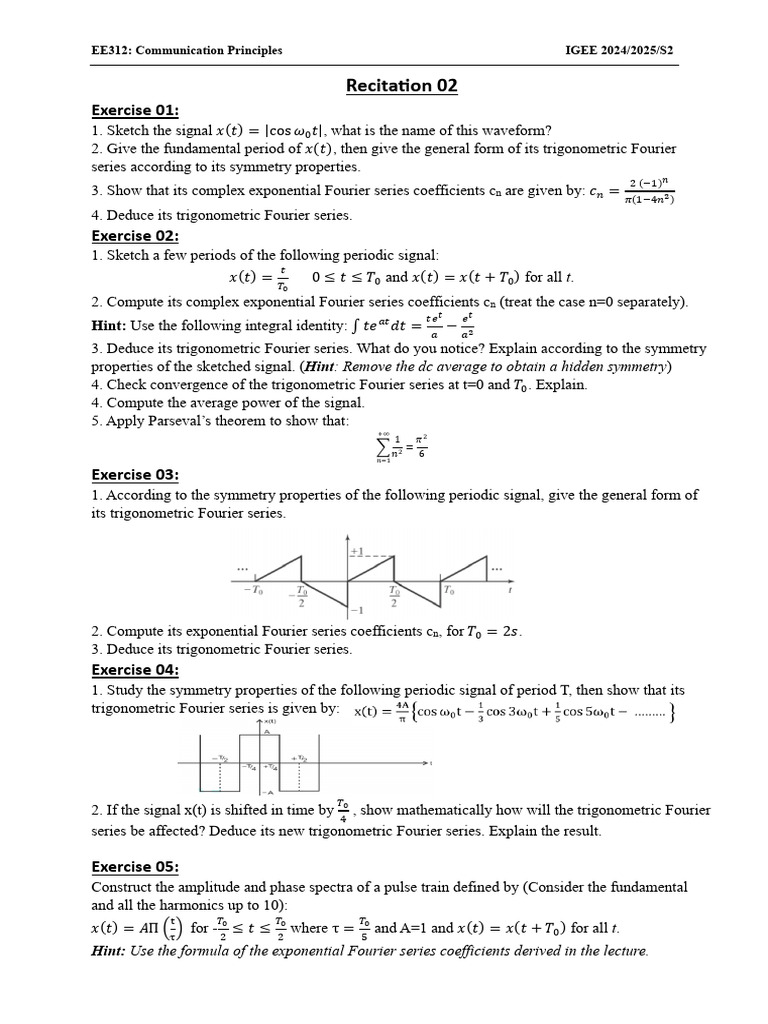 EE312 Recitation 02 | PDF | Fourier Transform | Fourier Series