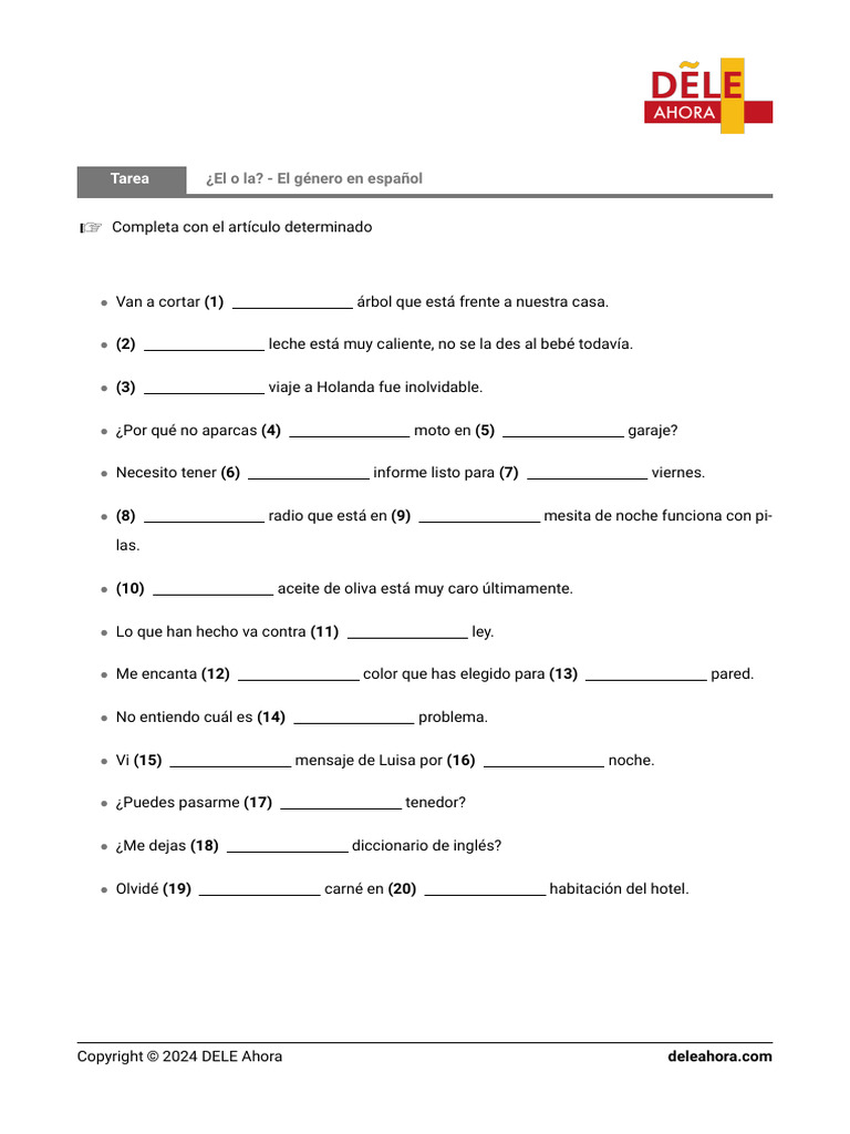 El-O-La-El-Genero-En-Espanol Ejercicio 1 | PDF