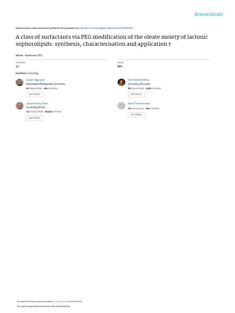 A Class of Surfactants Via PEG Modification of The Oleate Moiety of ...