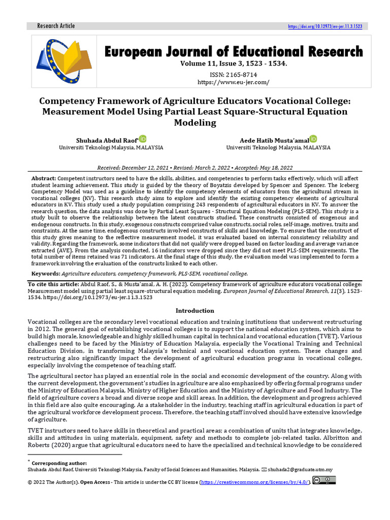 Competency Framework of Agriculture Educators Vocational College ...